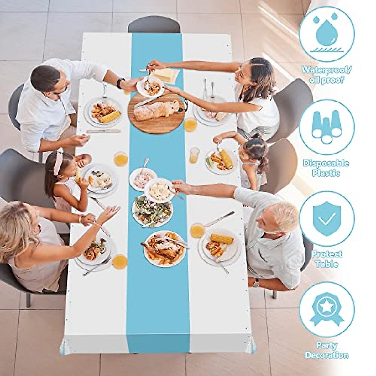 4 Pack Disposable Plastic Table Cloths for Parties,White and Light Blue Dot Plastic Tablecloth Disposable Rectangle Table Covers for Wedding Birthday Baby Shower First Communion Decorations 54" x 108"