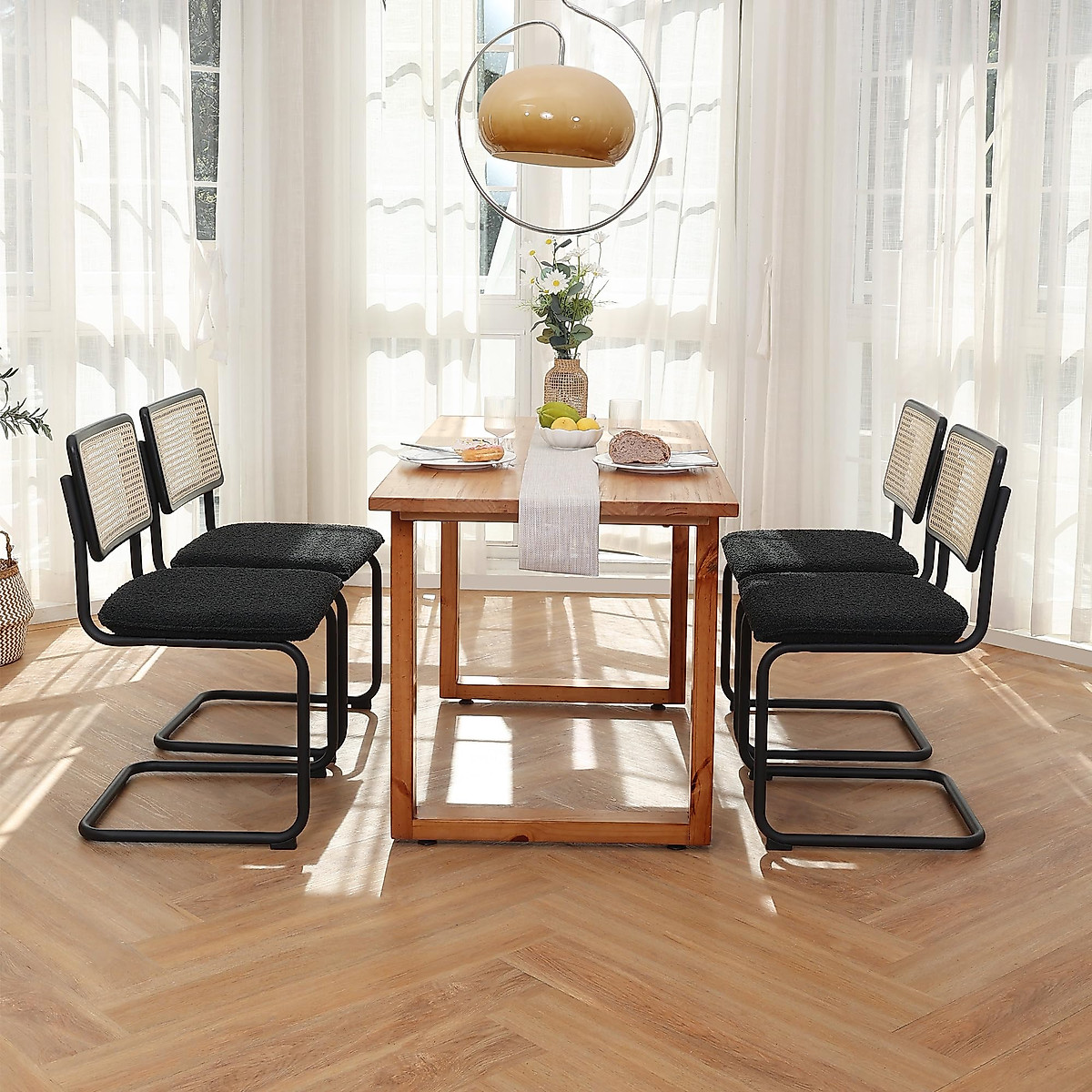 Zesthouse Natural Rattan Dining Chairs Set of 2, Modern Kitchen Chairs with Solid Wood Back for Dining Room Living Room, Mid Century Breuer Design Inspired, Upholstered Boule Fabric, Black