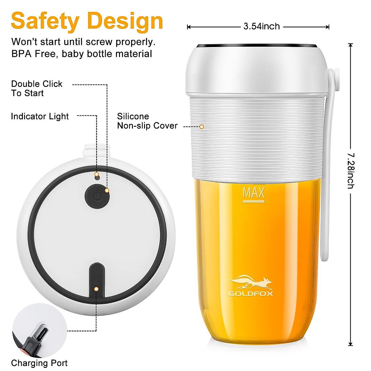 GOLDFOX Portable Blender for Shakes and Smoothies, Personal Blender USB Rechargeable, Travel Mini Blender, Smoothie Maker, Fresh Juice Blender Cup for Outdoors, Gym, Office 350ML(11.84oz)