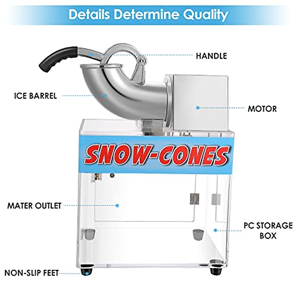 250W Electric Stainless Ice Shaver Machine 440 LBS/H Snow Cone Machine Commercial 110V Snow Cone Maker Ice Crusher with Safety On,Off Switch for Family,Restaurants Bars