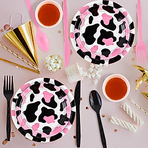 durony 210 Pieces Pink Cow Print Tableware Set Pink Cow Print Party Decorations Paper Plates Cups Napkins Knife Spoons Forks for Cowgirl, Baby Shower, Farm Birthday Party Supplies, Serve 30 Guests