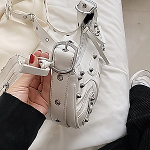 OUYPCR Woman Punk Style Rivet Satchels Handbags, Personality Vintage Fashion Crescent Tassel Crossbody Bag (Black)