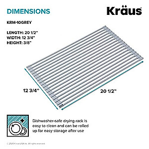 Kraus Multipurpose Over-Sink Roll-Up Dish Drying Rack, Colander and Trivet in Light Grey, KRM-10GREY