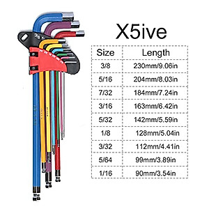 X5ive 18-Piece Hex Key allen wrenchs sets, Long Arm Ball End Allen Wrench Set, Durable Color Hex L-Wrench Tools, T-Handle 1.5mm-10mm, 1/16-3/8 for Household DIY