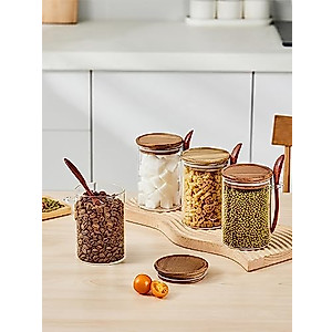 Sweejar Glass Jars with Bamboo Lids and Spoons, Overnight Oats Containers with Lids, Coffee Tea Sugar Yogurt Container Set, 17 ounces, Set of 4(Handle Lid)