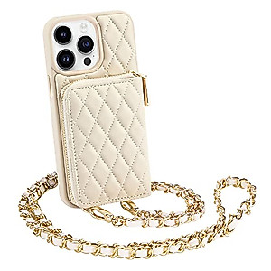 LAMEEKU iPhone 13 Pro Max Wallet Case, Quilted Leather Crossbody Card Holder with Chain Strap - Beige