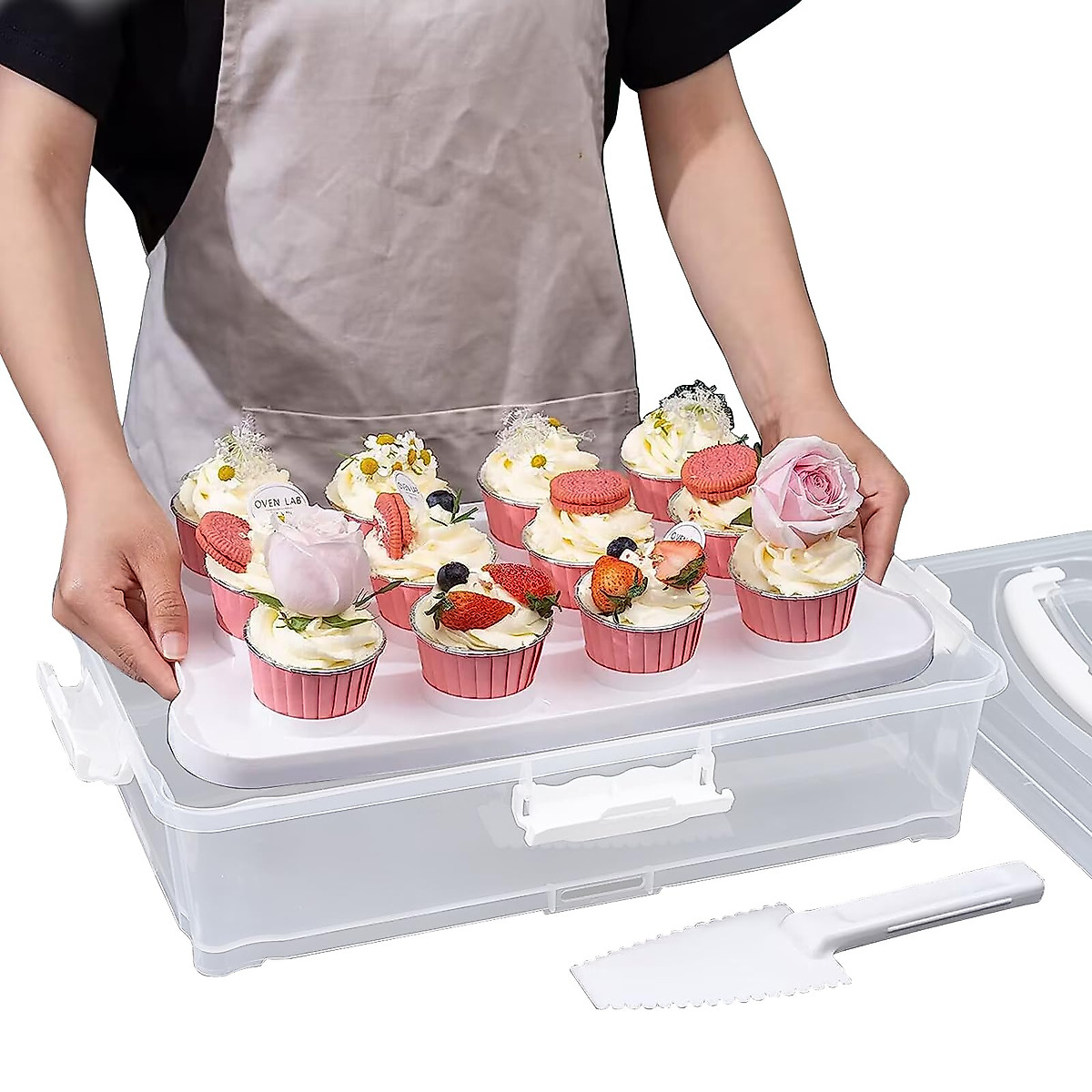 DIIRPPR White Plastic Cupcake And Cake Carrier - Stackable Cupcake Holder, Dessert Carrier For Full Size 17.2"x10.2" Cake Pans Or 12-Count Cupcake Tray, Cupcake Carrier & Cake Box (One Tier)