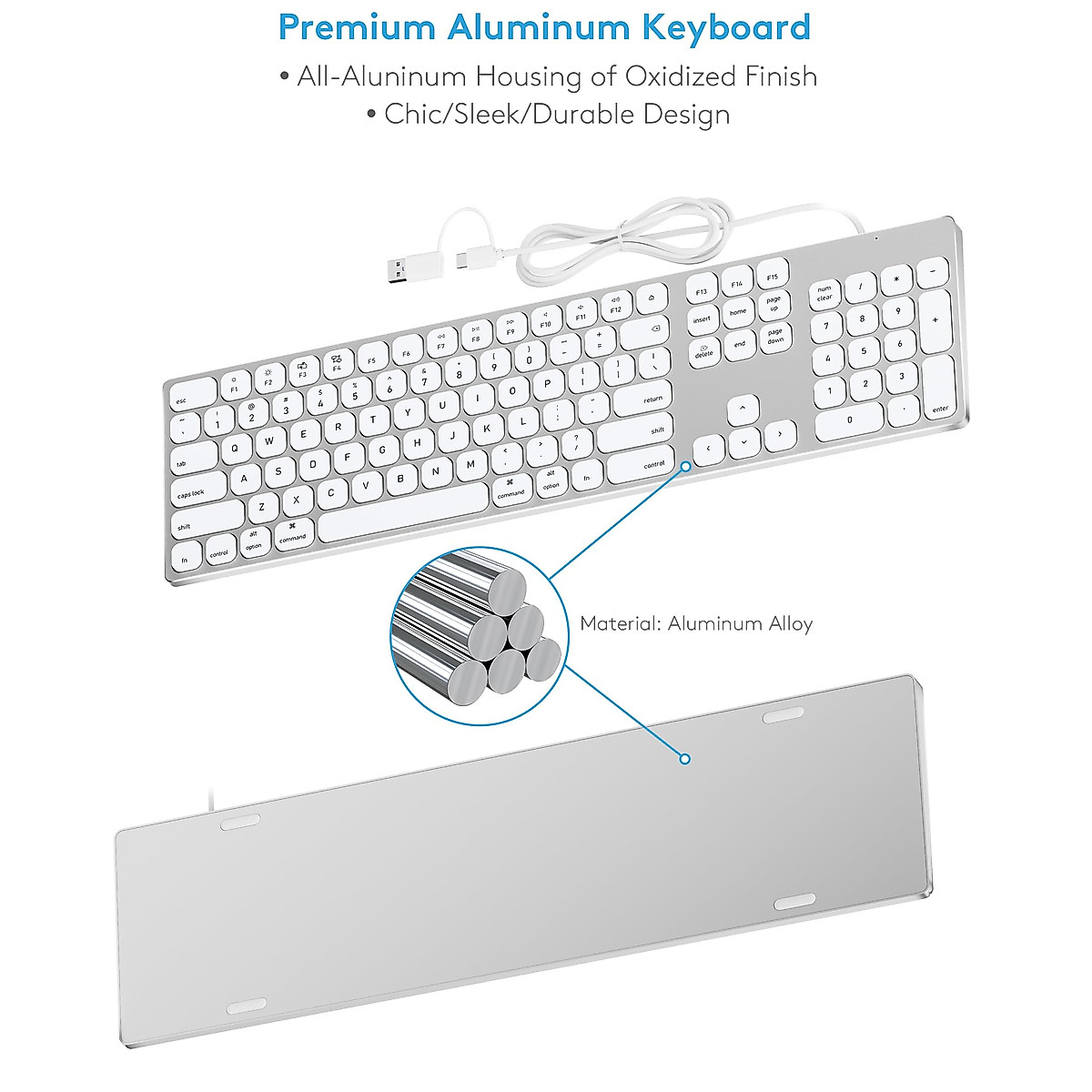 Aluminum USB Wired Keyboard with Numeric Keypad for Apple Mac Pro, Mini Mac, iMac, iMac Pro, MacBook Pro/Air