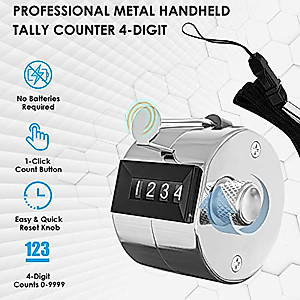 KTRIO Metal Handheld Tally Counter 4-Digit Number Count Clicker Counter, Hand Mechanical Counters Clickers Pitch Counter for Coaching, Knitting, People, Lap, Fishing, Golf and Row, 2 x 1.85 in, Silver