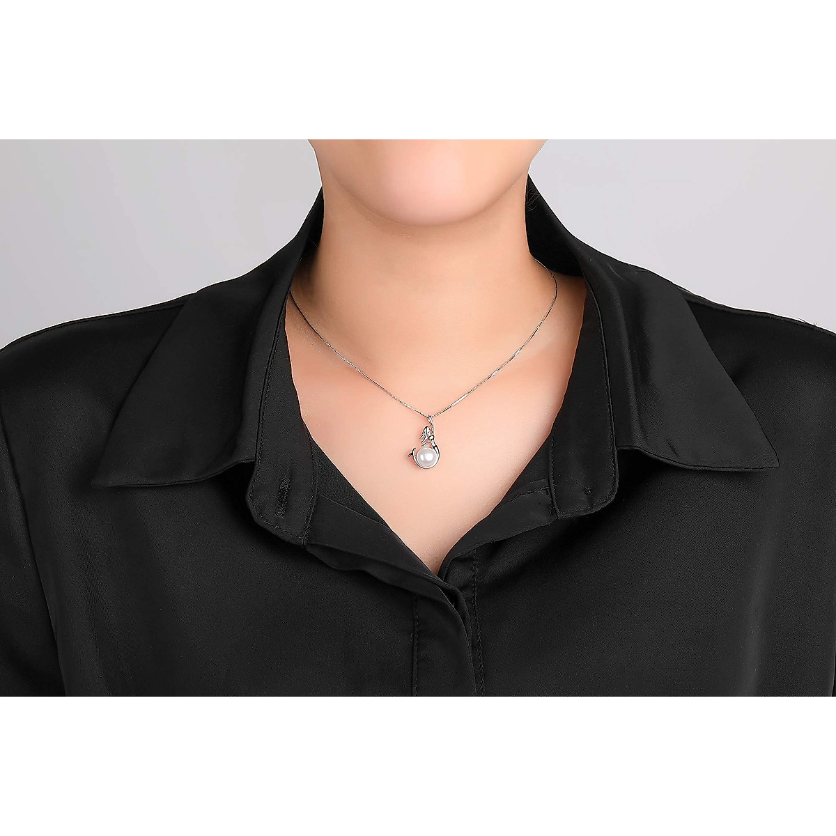 WRISTCHIE Womens Jewelry 925 Sterling Silver and Freshwater-Cultured Pearl Mermaid Pendant Necklace 18+2" (Silver) (Silver)