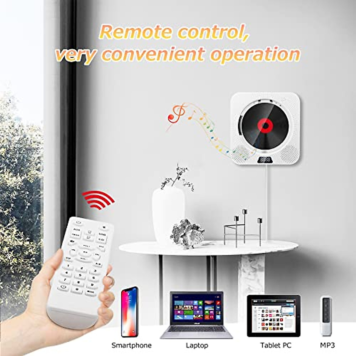 Wall Mountable CD Player Bluetooth: CD Player for Home with LCD Display Remote Control - Built-in HiFi Speakers FM Radio, Support CD/MP3/USB/TF/AUX Input Output/time and Alarm Clock