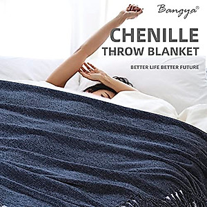 Bangya Navy Chenille Throw Blanket Soft Cozy Woven Fringe Tassel Throw for Sofa Couch Bed Living Room (Navy,50" X 60")