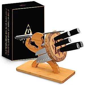Spartan Knife Block- Complete Damascus Style Knife Set for Men- 5 Chef Knives, Knife Sharpener & Bamboo Spartan Knife Holder. Funny Stabbed Man Knife Holder- Unique Knife Holder