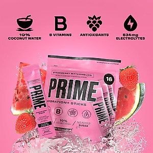 PRIME HYDRATION+ Sticks Strawberry Watermelon | Hydration Powder Single Serve Sticks | Electrolyte Powder On The Go | Low Sugar | Caffeine-Free | Vegan | 16 Sticks
