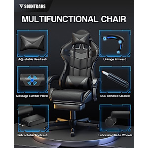 Soontrans Black Gaming Chairs with Footrest, Ergonomic Gamer Chair, Home Office Chair,PC Computer Chair with Headrest and Lumbar Support(Dark Black)
