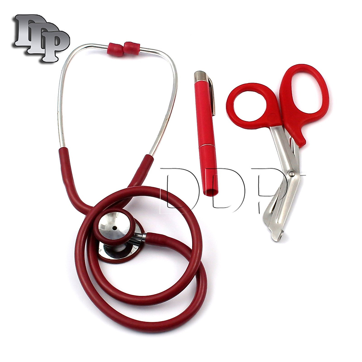 DDP RED 'Stethoscope' Adult and Pediatric Stethoscope Plus RED EMT Shear and 'PENLIGHT' - Ideal Gift for 'EMT', Nurse, Doctor, Medic Student, Paramedic and First Responders (Set 3 PCS)