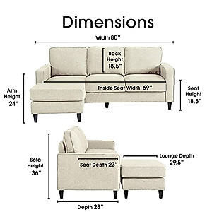 Serta Harmon Square Arm Reversible Sectional Sofa Living Room, Modern L-Shaped 3 Seat Fabric Couch, Cream
