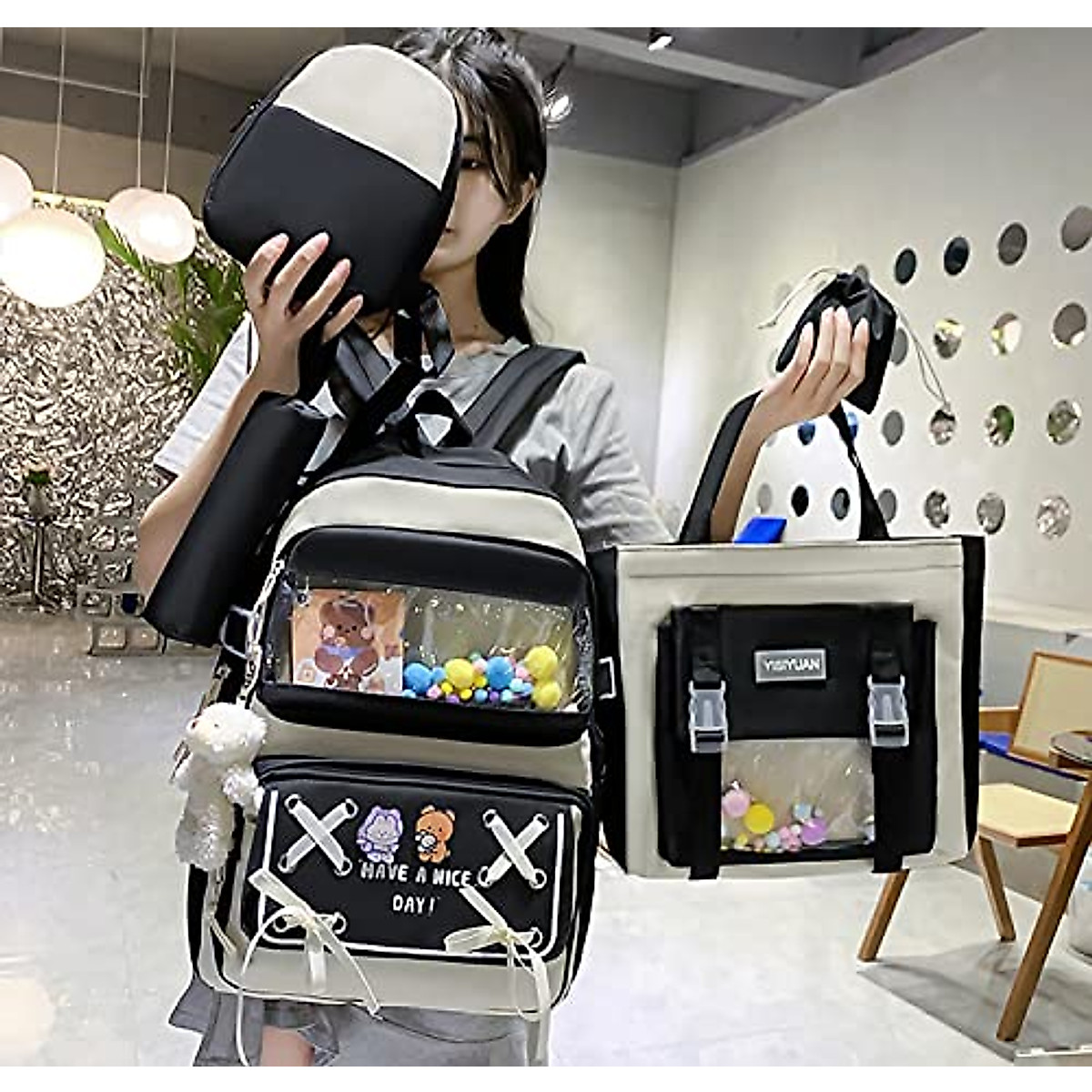 DUOBAOYU 5PCS Kawaii Backpack Set with Cute Pendants and Pins Accessories Aesthetic Rucksack for Teen Girls 17in Cute School Bags Bookbag with Shoulder Bag,Pencil Box,Tote Bag,Small Bag,Black