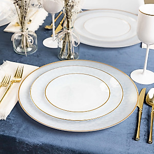 PLASTICPRO 30 Pack Hammered Plastic Plates Heavyweight Disposable Plastic Plates Elegant Transparent White With Gold Rim Platsic Party Dishes (Transparent White With Gold Rim, 9'' INCH PLATES)