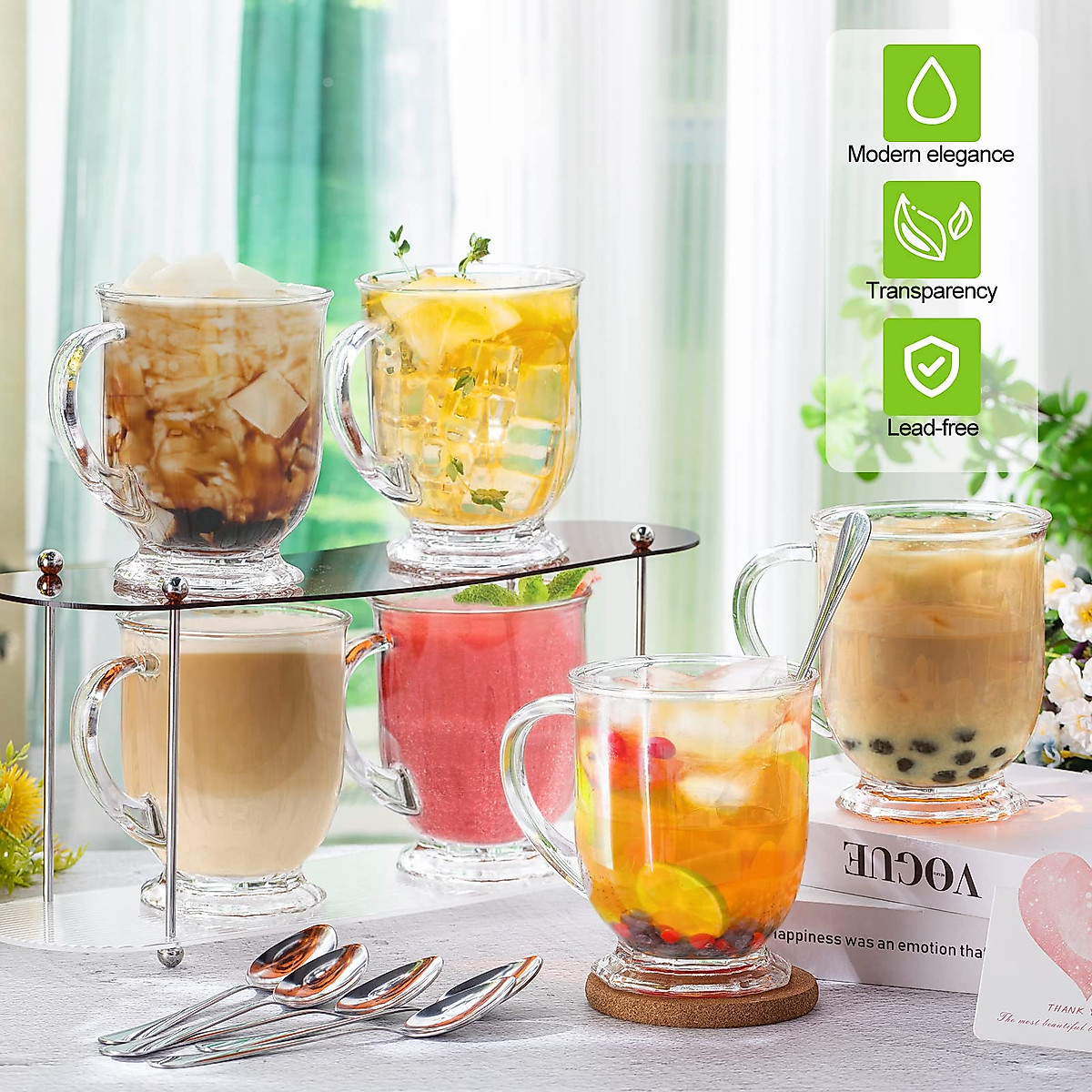 6 Sets 24 oz Large Glass Coffee Mugs with Spoons Clear Coffee Mugs Large Clear Tea Cups Large Capacity Coffee Glasses with Handles for Hot and Cold Beverages Espresso Latte Cappuccino Juice Milk