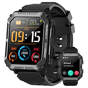 Military Smart Watch for Men with Bluetooth Call, 5ATM Waterproof Outdoor Fitness Tracker, 1.83" Rugged Tactical Watch with Heart Rate Blood Pressure Sleep Monitor for Android iPhone, Black