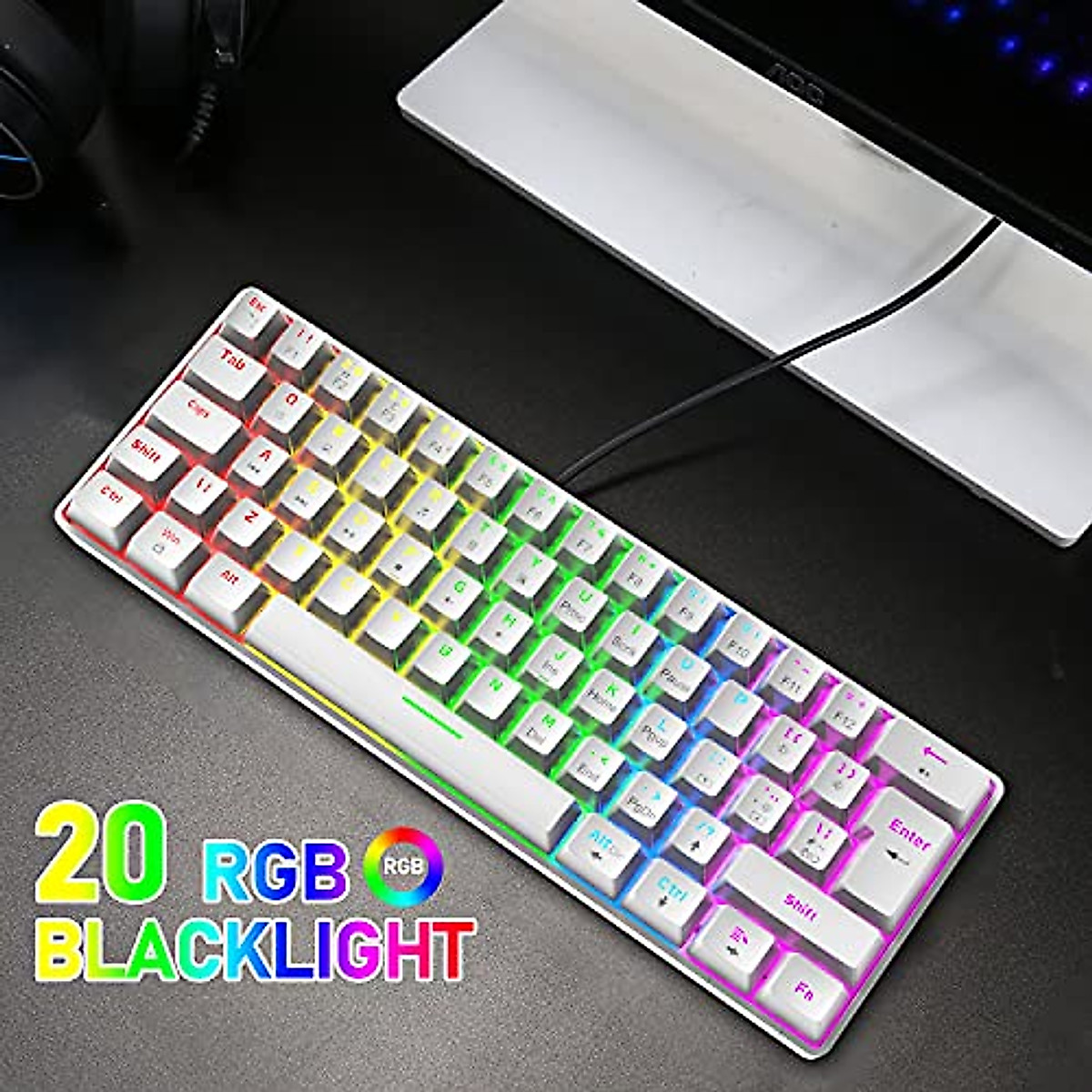 60% True Mechanical Gaming Keyboard Ultra-compact with 20 Rainbow Backlit Type C Wired Programmable 62 Keys Tactile Blue Switch Waterproof Non-Conflict and Gaming Mouse Pad for PC/Laptop/PS5（White)