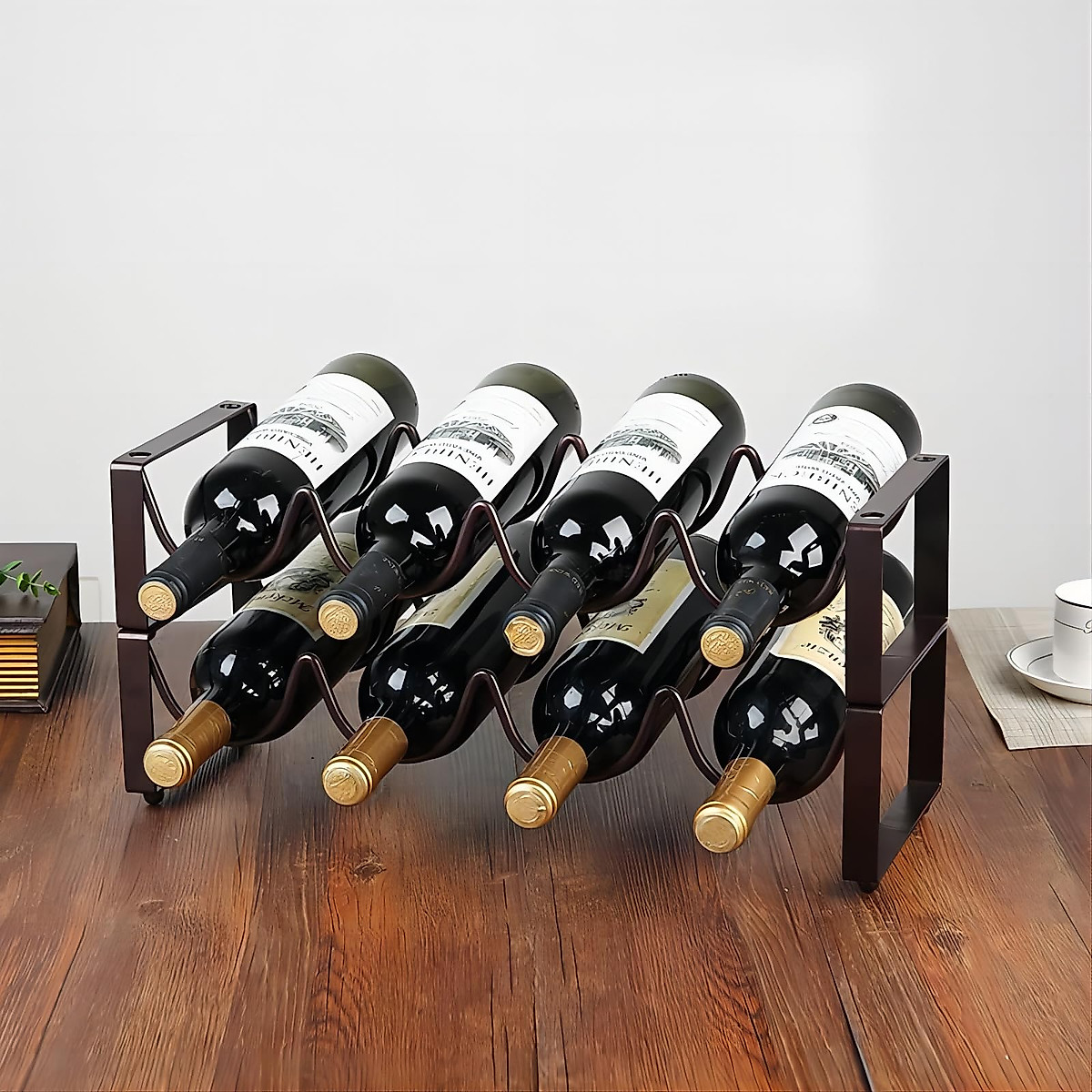 2-Tier Stackable Freestanding Wine Rack,Standing Bottles Holder Organizer,Wine Storage Shelf,Tabletop Stackable Wine Rack,Perfect for Bar,Wine Cellar,Basement,Cabinet,Pantry, etc,Hold 8 Bottles,Bronze