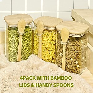 Hiiaos Glass Food Storage Containers Airtight - 40oz Glass Food Storage Jar 4 Pack Kitchen Canisters Clear Container with Sealing Bamboo Lids Spoon for Coffee Bean Cookie Sugar Tea Spices Dry Foods