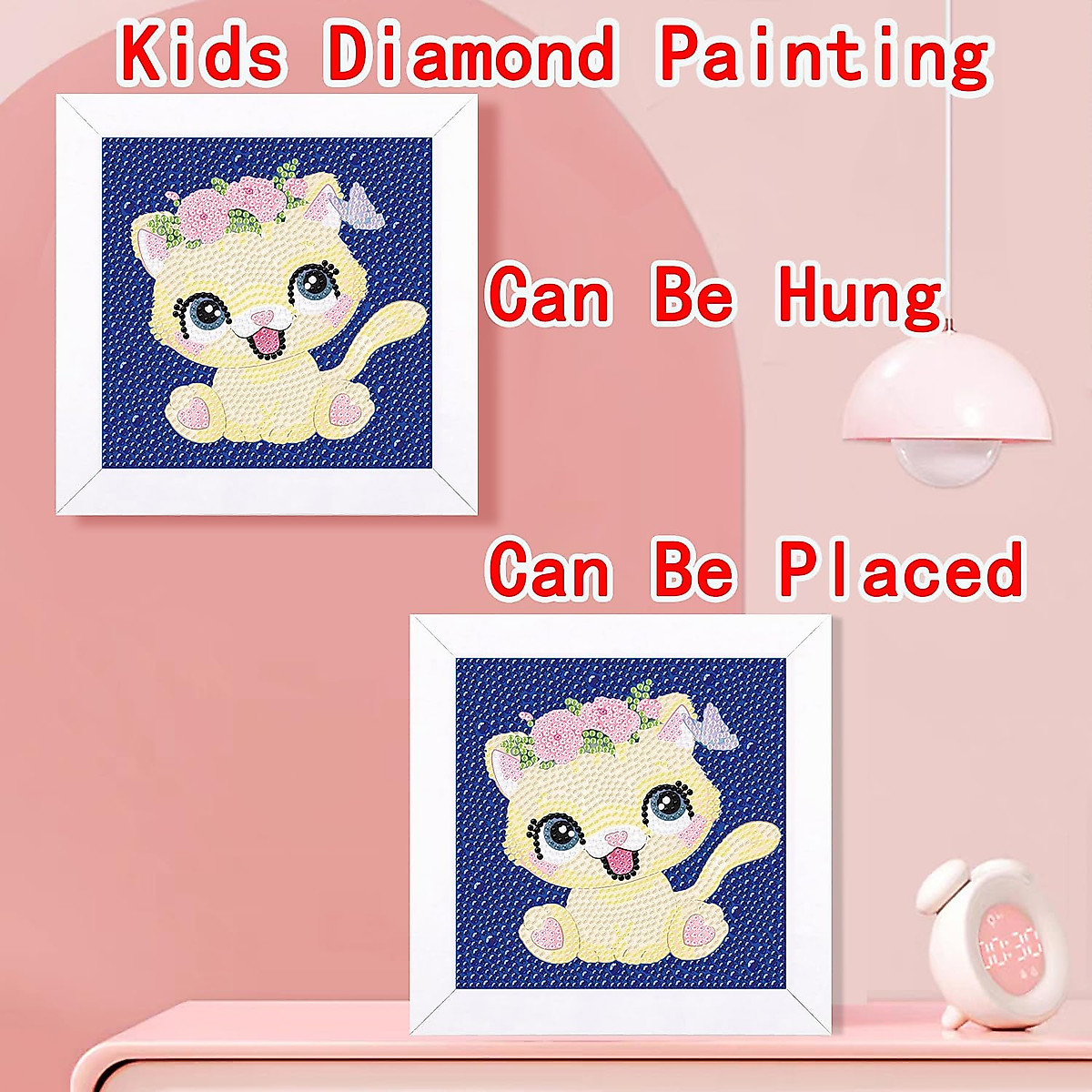 Miairivy Diamond Painting for Kids, 5D Animal Diamond Art Mini Small Kit(with Wooden Frame), DIY Cute Cat Big Gem Painting Set, Paint by Diamonds Crafts for Girls Boys Ages 4-12