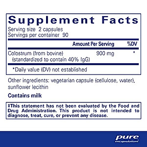 Pure Encapsulations Colostrum | 40% IgG Highly Concentrated Immune Support | 180 Capsules