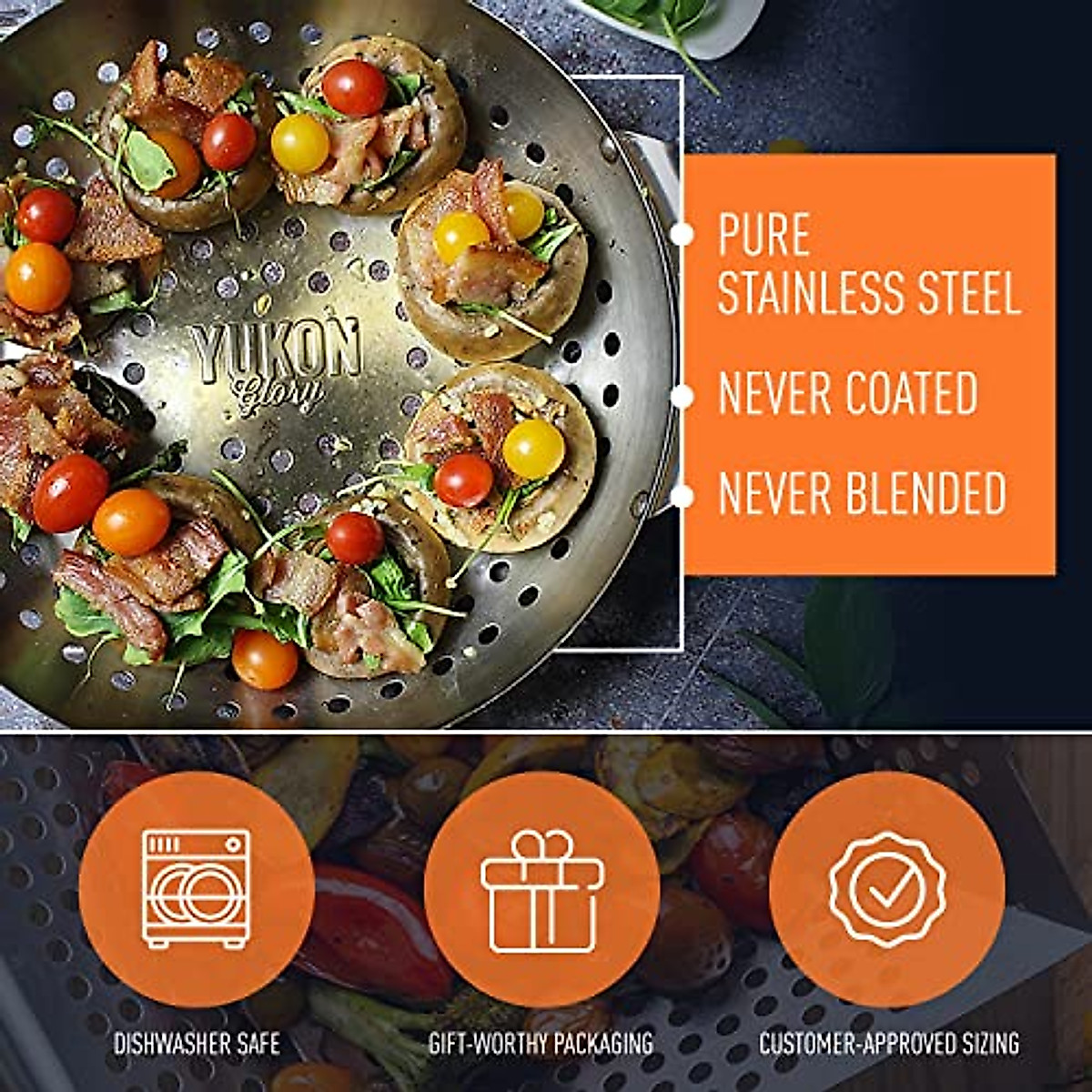 Yukon Glory Grill Basket 3-Piece Mini Grilling Basket Set - Stainless Steel Perforated Grill Baskets for Grilling Veggies Seafood and Meats Includes Grill Pan - Square Basket and Circular Basket