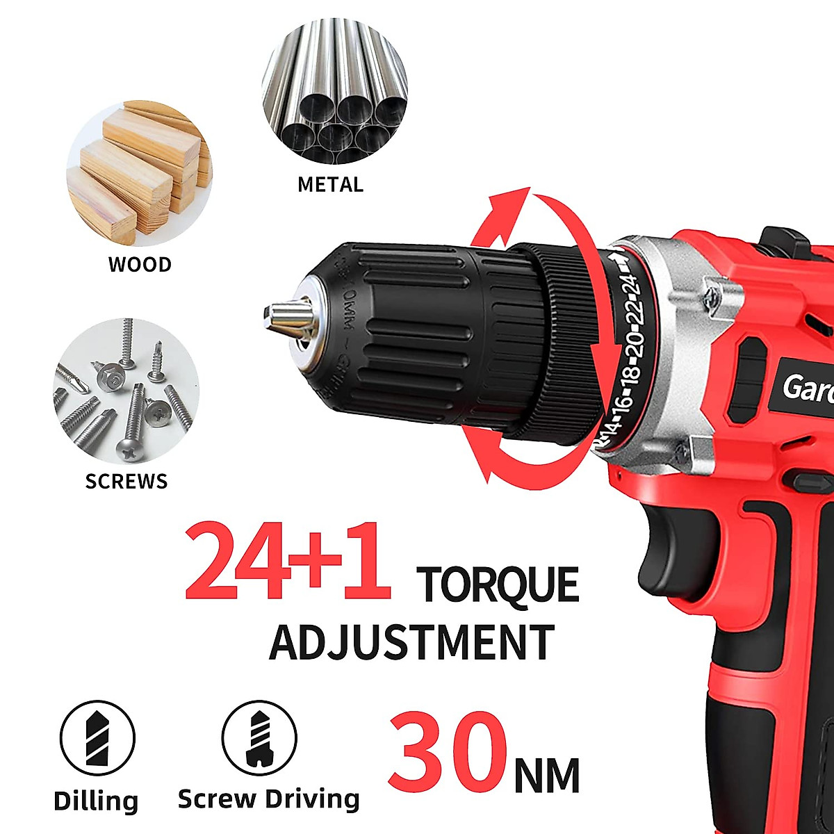 GardenJoy Cordless Power Drill Set: 21V Electric Drill with Fast Charger 3/8-Inch Keyless Chuck 2 Variable Speed 24+1 Torque Setting and 30pcs Drill/Driver Bits with Power Tool Bag