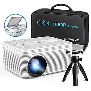 BIGASUO Upgrade HD Bluetooth Projector Built in DVD Player, Mini Video Projector 1080P Supported Compatible with TV/HDMI/VGA/AV/USB/TF SD Card, Portable Outdoor Movie Projector