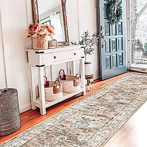 Pauwer Hallway Runner Rug 2x10 Washable Rugs Runner Non Slip Carpet Runner Boho Farmhouse Vintage Throw Area Rugs Floor Runner for Hallway Kitchen Entryway Laundry Room Bedroom Bathroom, Cream Tan