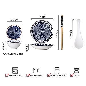 Binvertaocier 14-Piece Porcelain Asian Bowls Set with Spoons Rice Bowls with Chopsticks 10 Oz Bowls,Small Soup Bowls,Asian Plates and Bowls Set, (Vintage blue)