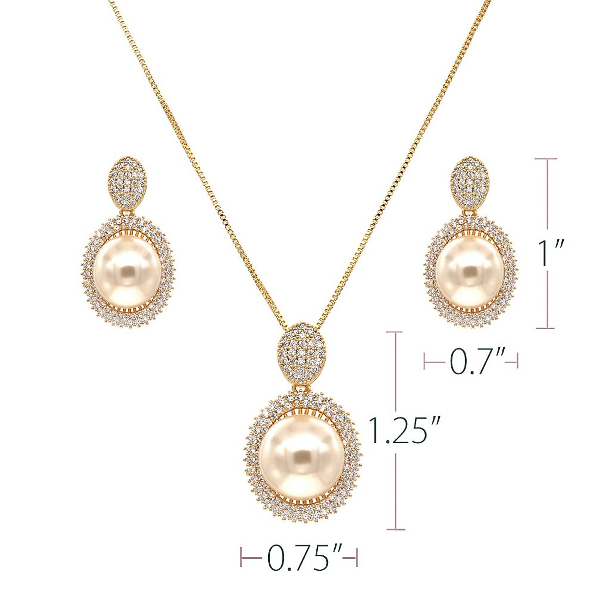 Lavencious Oval Dangle Jewelry Set Cream Color Pearl Necklace & Earrings Trendy AAA Cubic Zirconia Gold Plated For Women (Gold)