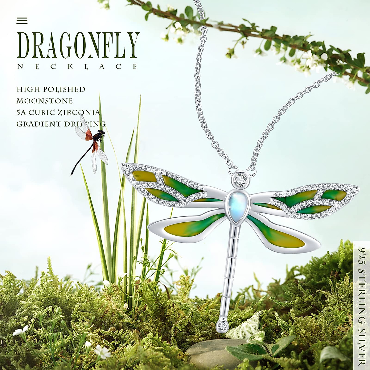 Dragonfly Moonstone Necklace 925 Sterling Silver Dragonfly Pendant Necklaces for Woman Sister Best Friend Dainty Cute Animal Delicate Jewelry Birthday Christmas Gift