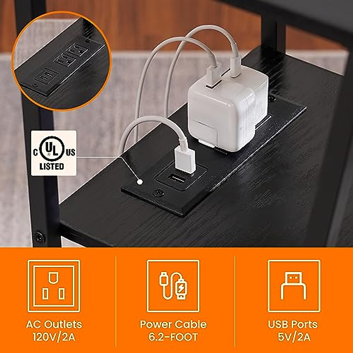 Heybly Side Table Set of 2, C Shaped Nightstand End Sofa Table with Charging Station for Small Spaces,Snack Couch Tables with Phone Holder, 2 USB Ports and Power Outlets HET001CB2