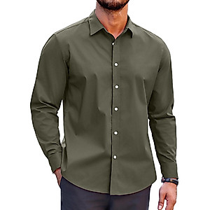 COOFANDY Men's Slim Fit Button Down Shirt Long Sleeve Solid Dress Shirts Olive Green