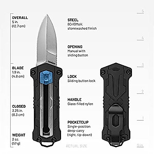 Kershaw Kapsule EDC Pocket Knife, 1.9" Spear Point Blade, Manual Opening, Sliding Button Lock,Black