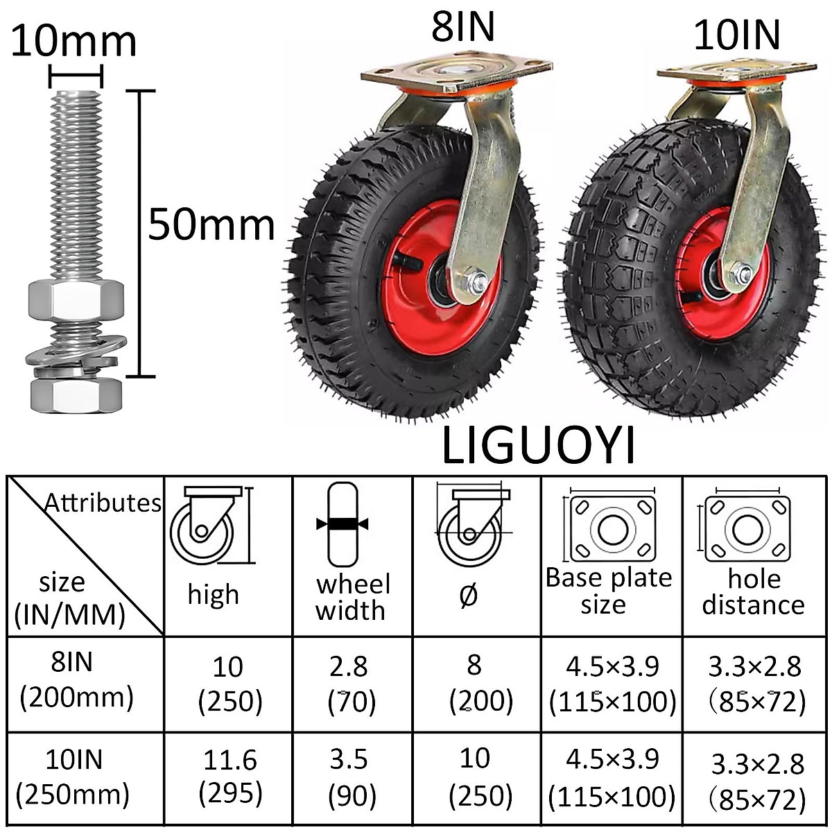 Set of 4 Industrial Heavy Duty Caster, 8/10IN Pneumatic Swivel Caster with Brakes, Shock Absorption with Bearings Air Filled Rubber Fixed Caster Wheel for Workbench