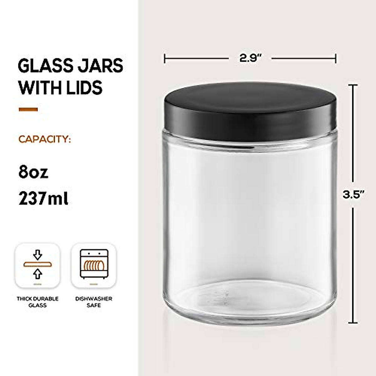 12 Pack, 8 OZ Thick Glass Jars with Lids, Clear Round Candle Jars with 12 Metal Lids & 12 Plastic Lids - Empty Food Storage Containers, Canning Jar For Spice, Powder, Liquid, Sample - Dishwasher Safe