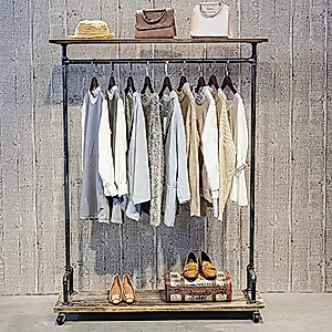 JIANZHUO Industrial Pipe Clothing Rack on Wheels,Retail Display Clothing Racks with Shelves,Vintage Rolling Rack for Hanging Clothes,Wooden Garment Rack with Wheels,Heavy Duty Clothes Rack Cloths