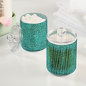 MCHIVER Teal Green Turquoise Glitter Bathroom Canisters Organizer 2 Pack Clear Plastic Jars with Lids 10 Oz Makeup Organizer for Cotton Ball Swab Round Pads Floss