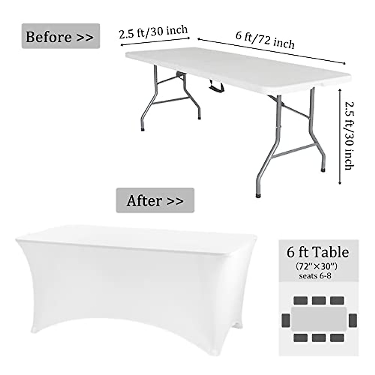 JALANCY 8 Pack 6FT Spandex Table Covers Fitted Rectangle Tablecloth Washable Wrinkle Resistant Stretch Table Cloth for Folding Table Wedding Party Birthday Banquet Bar Events（White）