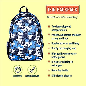 Wildkin 15-Inch Kids Backpack for Boys & Girls, Perfect for Early Elementary Daycare School Travel, Features Padded Back & Adjustable Strap (Blue Camo)