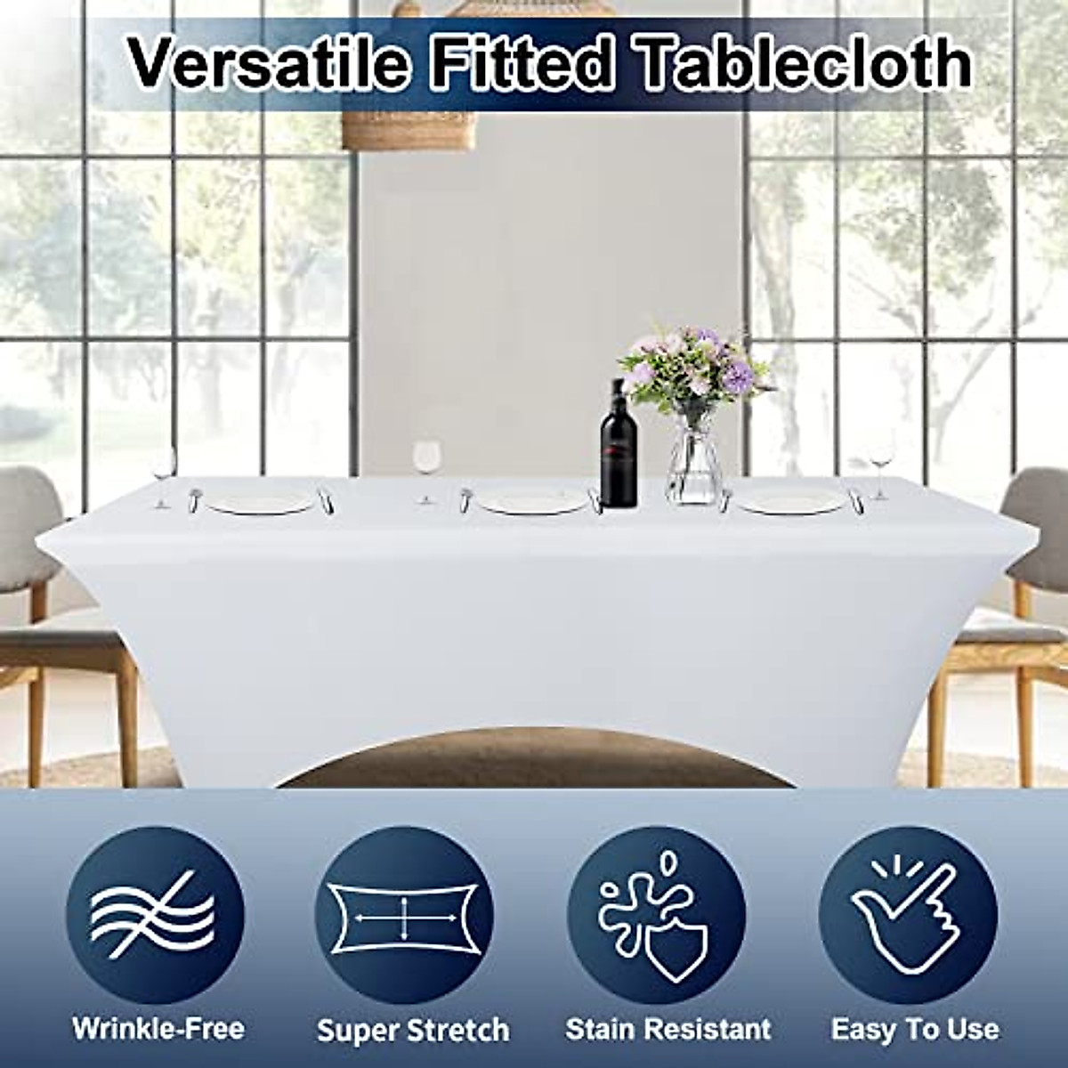 PureFit Spandex White Table Covers 6ft Fitted Table Clothes for 6 Foot Rectangle Tables, Elastic Massage Table Cover, Stretch Wrinkle Free Tablecloth for Party, Wedding, Banquet, Vendor Stand, 2 Pack