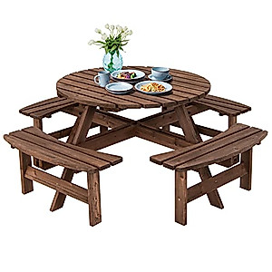 Giantex Wooden Picnic Table Set with Wood Bench, 4 Adults or 8 Kids Outdoor Round Table with Umbrella Hold Design, Perfect for Outdoor Garden Yard Pub Beer Dining, Dark Brown