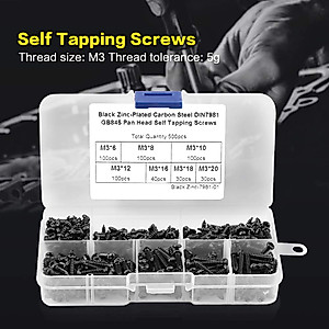 Button Head Screws, 500PCS M3 Cross Drive Button Head Self-Tapping Screws Fastener Assortment Set with Plastic Box Head Bolts Stainless Button Head Screws (Black Carbon Steel)