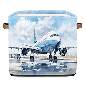 CURLYOOT Cube Storage Bin, 13 Inch Collapsible Fabric Storage Cube Bin for Home, Watercolor Airplane Aircraft Foldable Cube Baskets for Shelves, Closet, Organizer